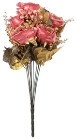 Umělá kytice růžových růží se zlatým zdobením - 50 cm