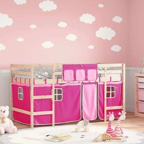 vidaXL Dětská patrová postel se závěsy 90x200 cm borovice [3206964] Barva: Přírodní a růžová