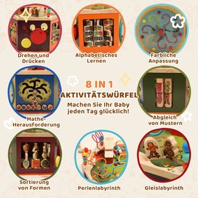 Motorická kostka, kostka 8 v 1 s motorickou smyčkou, korálkové bludiště, 41,5 x 37,5 x 37,5 cm, různobarevná
