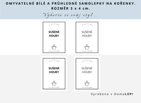 SUŠENÉ HOUBY - Samolepka na kořenky 3 x 4 cm - DomaLEP varianta: PRŮHLEDNÁ - tučné písmo