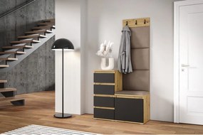 Eka Předsíňová stěna s čalouněnými panely Trinity 36 - Dub Artisan s černou / Tmavá béžová 2305