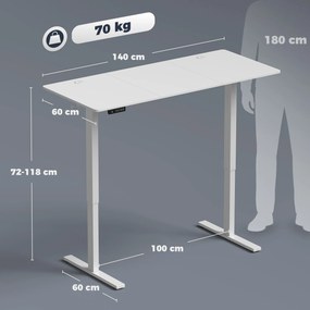 HOMCOM Výškově nastavitelný stůl s paměťovou funkcí, 2 průchody pro kabely a LED displej, stojací-sedadlový stůl, bílá