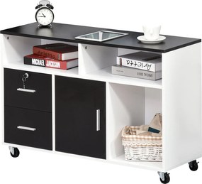 HOMCOM Kancelářský Pomocný Nábytek Souborný Skříň s Kolečky, Policemi a Šuplíky - víceúčelová Úložná Skříň 100x35x65 cm Černá a Bílá | Aosom