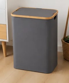 koš na prádlo, objem 75 l, s víkem, skládací, oxford/bambus, 49x45x35 cm, šedá/přírodní, Dekorino KP20260011