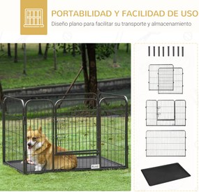 PawHut Obdélníkový Ohrádka pro Psi 4-panely Ocel 109x74x71 cm s Dvouvrstvými Dveřmi a Odnímatelným Táckem pro Venkovní a Vnitřní použití