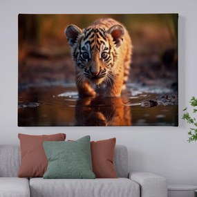 Obraz na plátně - Mládě tygra v louži FeelHappy.cz Velikost obrazu: 180 x 120 cm