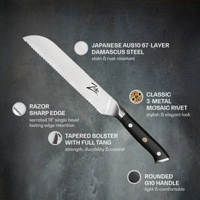 Alpha-Royal Japanese Series, 8" nůž na chléb, 18° zoubkovaný okraj, damašková ocel