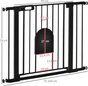 PawHut Zabezpečovací brána pro domácí mazlíčky 75-103 cm pro schody a dveře s 2 prodlouženími, automatickým zámkem a dvojitým zámkovým systémem, černá