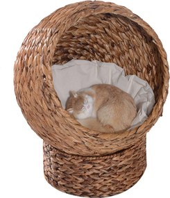 PawHut Ratanová kočka postel, kočičí jeskyně, kočičí chata s polštářem, oblíbené lůžko pro domácí mazlíčky z vodního hyacintu, hnědá 50 x 42 x 60 cm |