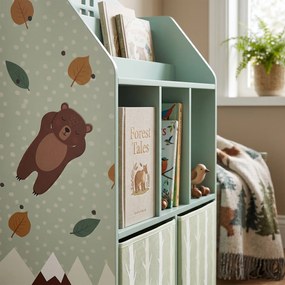 Dětský regál Dětský regál se 2 látkovými zásuvkami otevřený Regál pro 3-8 let 62,5x30x91,5 cm Zelený