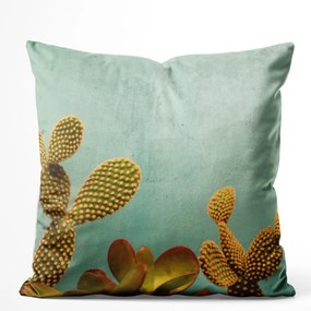 Dekorační velurový polštář Kaktusové nebe - květinová kompozice na celadonovém pozadí
