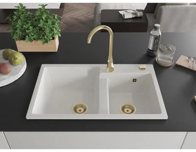 Mexen Tomas, granitový dřez 800x500x190 mm, 2-komorový a zlatá baterie Telma, bílá, 6516-20-670200-50