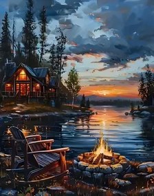 NORIMPEX Diamantové malování Táborák u jezera / 30x40 cm