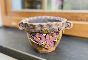 Keramika Javorník Květináč s uchy - fialky výška 10cm horní průměr 12cm hnědý
