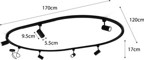 Moderní kolejnicový systém s 6 černými bodovými světly, jednofázový, oválný 100 cm - Iconic Jeana