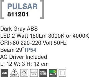 NV 811201 Venkovní nástěnné svítidlo PULSAR tmavě šedý ABS LED 2W 3000K 220-220V 29st. IP54 - NOVA LUCE