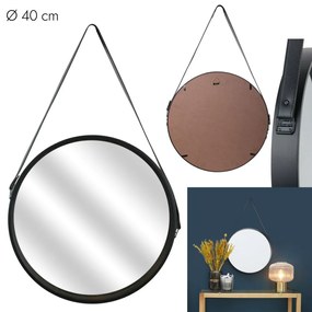 Černé kulaté zrcadlo s koženou rukojetí NAHAD Ø40 cm