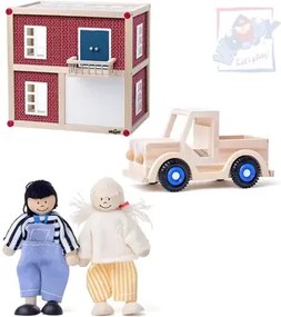 WOODY Domeček pro panenky Moderní vila / 2 figurky a autíčko / dřevo /