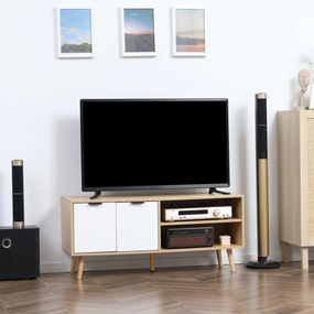 HOMCOM Moderní televizní stolek s 2 dvířky a 2 policemi pro televize do 116 cm pro ložnici 110x39x48,8 cm Přírodní a bílý