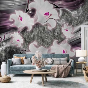Fototapeta Zakleté lilie - abstraktní motiv květin na šedém pozadí s vlnami