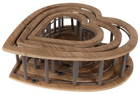 3ks hnědý dřevěný úložný košík ve tvaru srdce – 33x33x10 / 26x26x9 / 20x20x8 cm