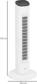85° oscilační věžový ventilátor s dálkovým ovládáním 3 rychlosti 2 režimy časovač LED displej 30x30x78 cm Bílá