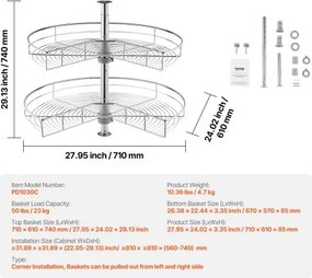 71,1 cm dvoupatrový chromový rohový organizér ve tvaru ledvinky Lazy Susan skříňová