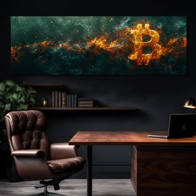 Obraz na plátně - Bitcoin in Fire Emerald FeelHappy.cz Velikost obrazu: 210 x 70 cm