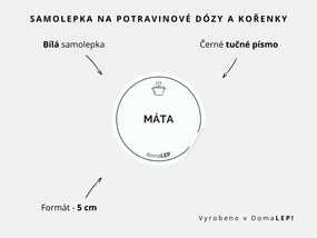 MÁTA - omyvatelná samolepka na kořenky, výběr rozměrů Ø 5 cm / 5 x 5 cm / 6 x 8 cm | DomaLEP tvar: KOLEČKO, barva: BÍLÁ - ČERNÉ písmo, velikost: Ø 5 cm - tučné písmo