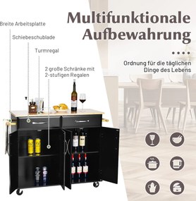 Costway Rolling Kitchen Island vozík s kaučukovou pracovní deskou 4 – černý