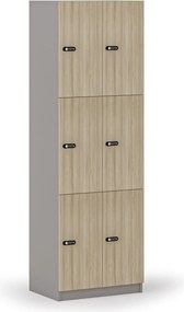 Dřevěná šatní skříňka S4 s úložnými boxy, 6 boxů, demont, mechanický kódový zámek, šedá/dub přírodní