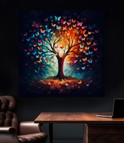 Obraz na plátně - Barevný motýlí strom života FeelHappy.cz Velikost obrazu: 140 x 140 cm