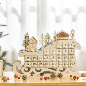 HOMCOM Adventní kalendář k naplnění s 24 zásuvkami, LED světly, ve tvaru saní, DIY vánoční kalendář, odpočítávací kalendář k Vánocům, dárek pro děti …