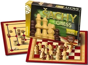 Šachy, dáma a mlýn 3v1 / Dřevěná společenská hra / oboustranná deska /
