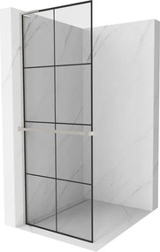 Mexen Kioto+ L, sprchová zástěna Walk-In s poličkou a věšákem 90 x 200 cm, 8mm čiré sklo černý vzor, ​​broušená ocel profil, 800-090-123-97-77