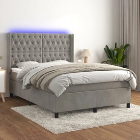 Box spring postel s matrací a LED světle šedá 140x200 cm samet