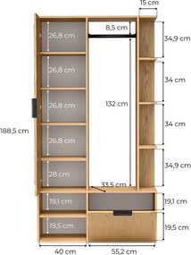 Předsíňová stěna NALA | 100 cm | s botníkem, policemi, zrcadlem a šatní tyčí | UNI provedení | dub Bookmatch Egger H1316