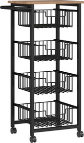 HOMCOM Kuchyňský vozík s pracovním stolem, 4 výsuvné ocelové koše, pojízdný vozík do kanceláře, 49,5 x 31 x 91 cm, Dub