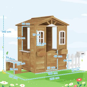 Outsunny dětský domeček, zahradní domek ze dřeva s dveřmi a okny, lavičkou, poštovní schránkou, plotem, pro děti od 3 do 6 let
