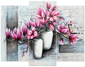 Gario Obraz s hodinami Růžové magnolie ve váze - 3 dílný Rozměry: 80 x 40 cm