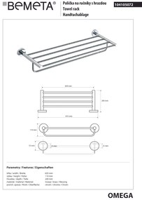 Bemeta Design OMEGA: Držák ručníků, 600 mm, s hrazdou -