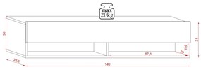 Závěsný TV stolek Derby 140 cm bílý mat/bílý lesk