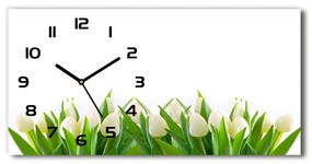 Wallmuralia Skleněné hodiny na stěnu tiché Bilé tulipány 60x30 cm