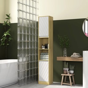 HOMCOM Koupelnová Skříňka z Dřeva s 2 Skříňkami a Nastavitelnými Policemi, Sloupový Design, 30x24x170 cm, Dub a Bílá