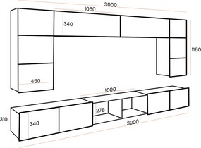 GAB Obývací stěna LORONA 24, Bílá/Zlatý dub 300 cm