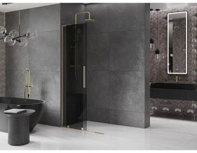 Mexen Velar L, posuvná sprchová zástěna Walk-in 100 x 200 cm, 8mm šedé sklo, zlatá lesklá, 871-100-003-43-50