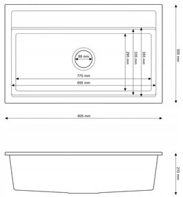 Gamma Advance, 1-komorový granitový dřez 805x505x210 mm, šedá, GMA-ZLE000119
