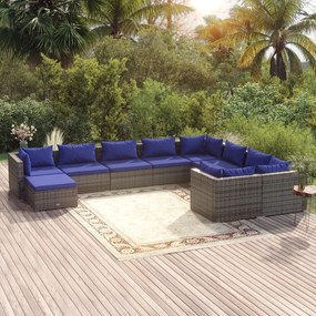 vidaXL 10dílná zahradní sedací souprava s poduškami polyratan [3102679] Barva: Šedá a modrá
