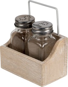 Skleněná solnička a pepřenka v dřevěném stojánku - 11*6*12 cm