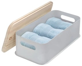 Šedý úložný box s víkem ze dřeva paulownia iDesign Eco Handled, 21,3 x 43 cm